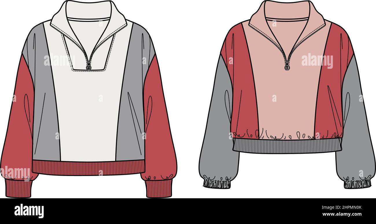 Vector unisex sweatshirt fashion CAD, woman sweatshirt with rib and zip ...