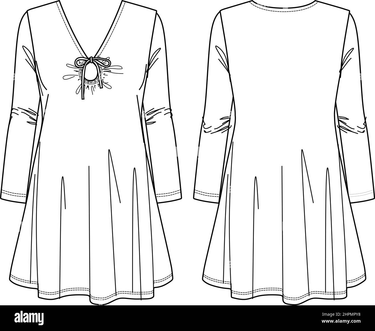 Vector long sleeve V-neck mini dress technical drawing, woman dress ...