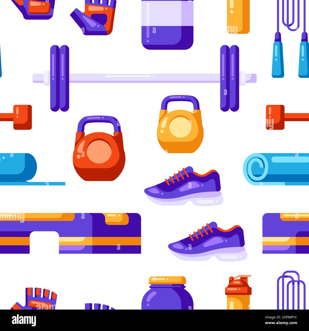 Seamless pattern with fitness equipment. Sport bodybuilding items ...