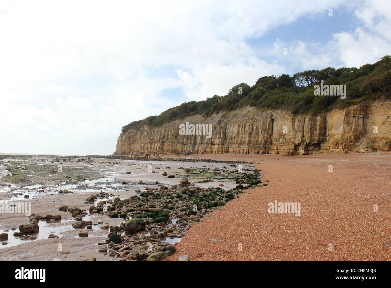 Pett Level Beach with its commanding cliff face and submerged pre ...