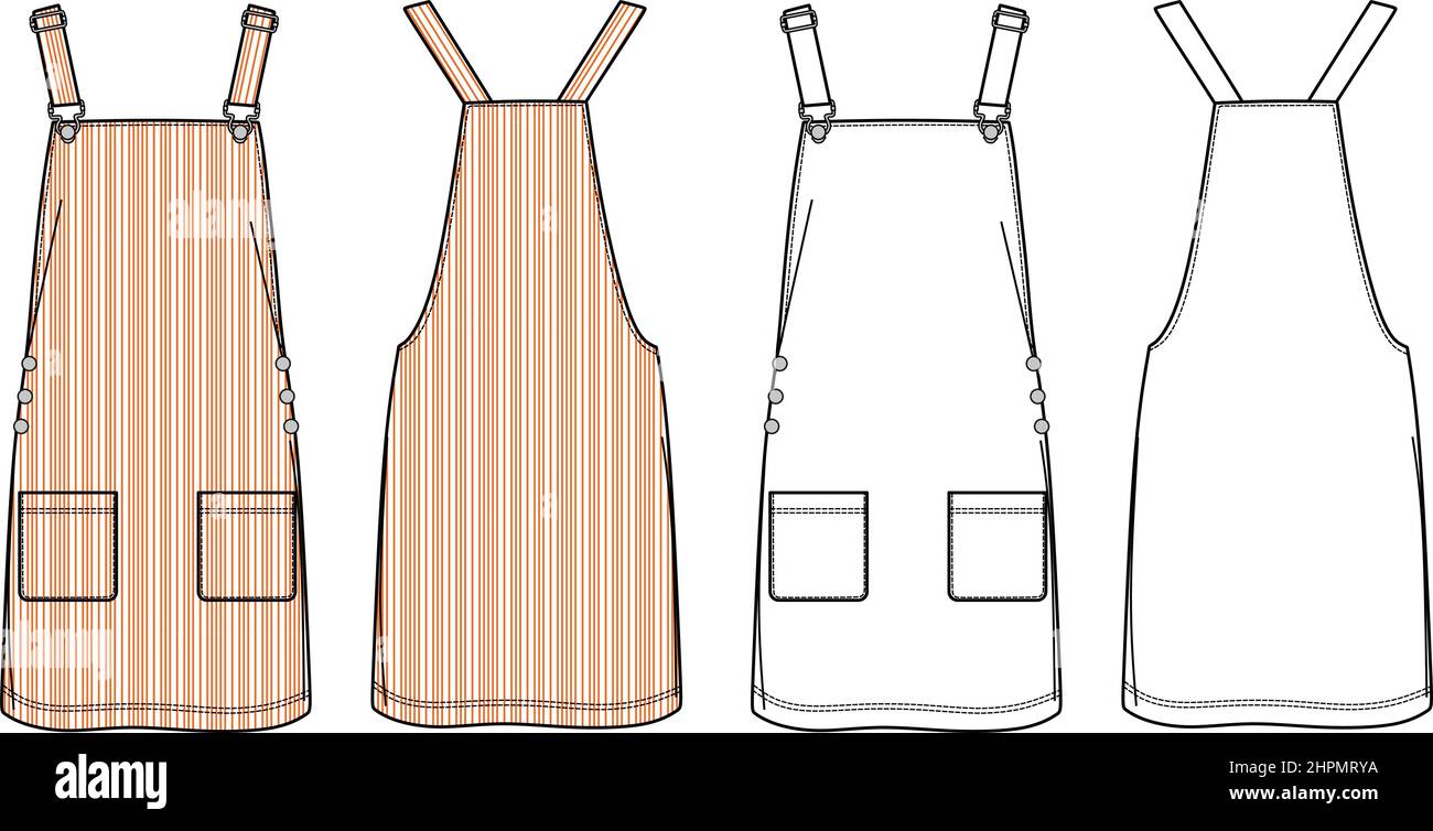Vector dungaree dress fashion CAD, woman mini dress with striped ...