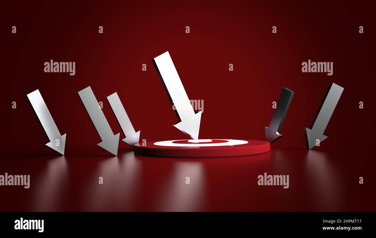 Silver arrow hit in the target in dark background. Business concept. 3D ...