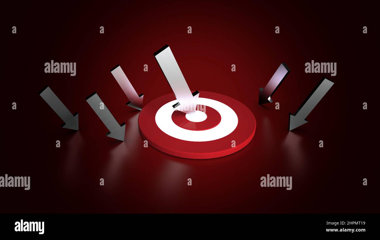 Silver arrow hit in the target in dark background. Business concept. 3D ...