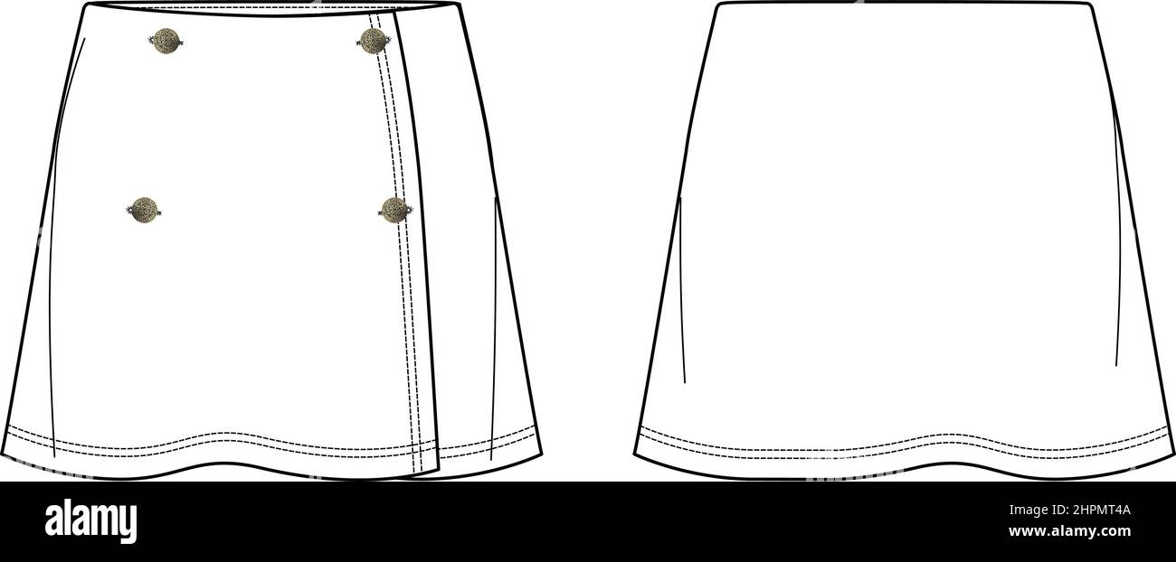Vector mini skirt fashion CAD, wrapped woman skirt with button detail ...