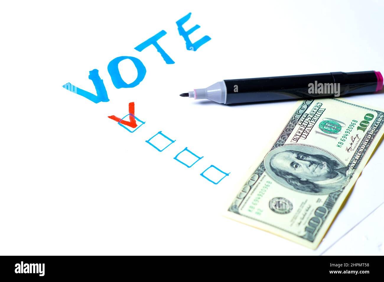 Buying votes of voters concept. Vote, dollars on a white background ...