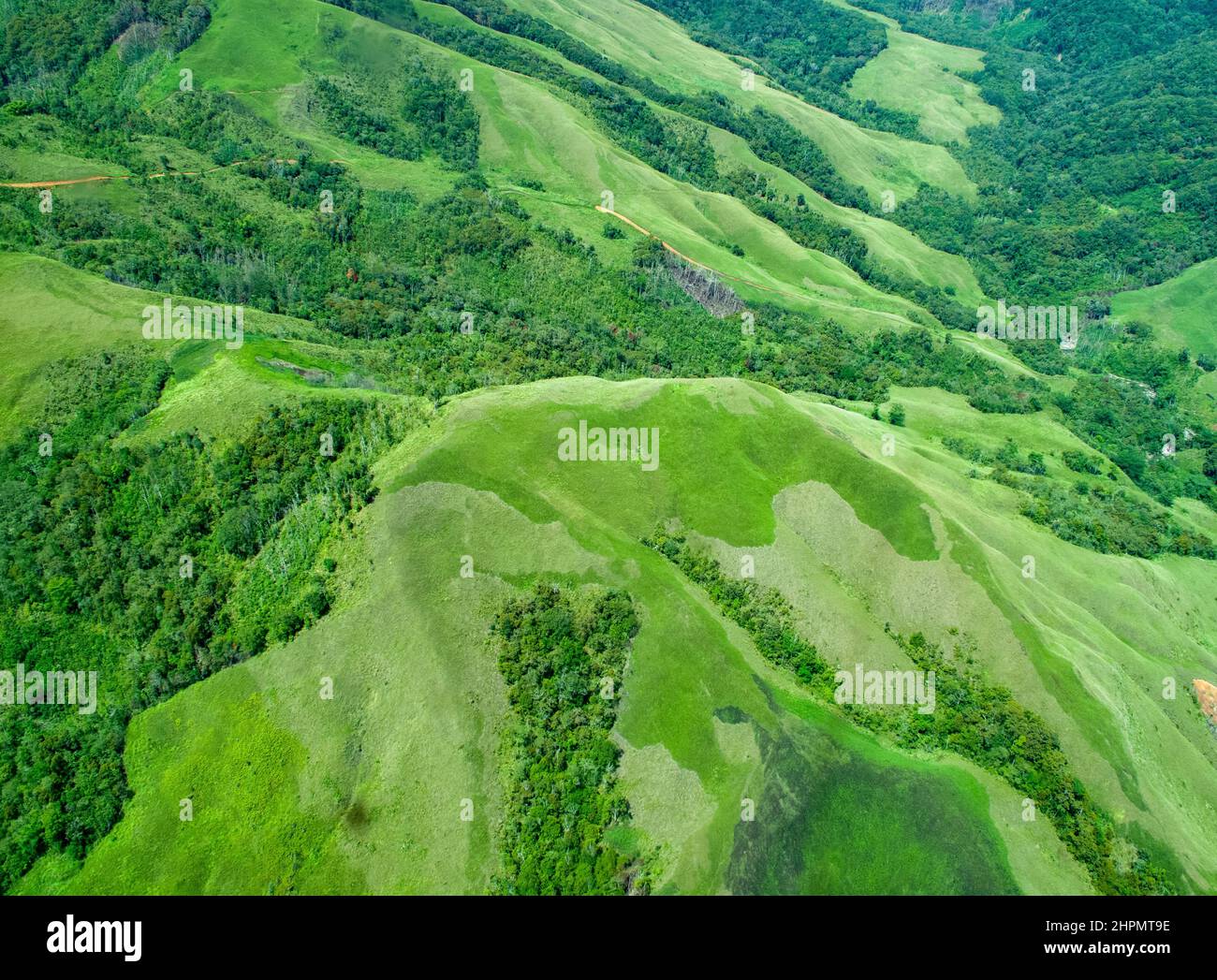 Aerial view of green mountains in Papua New Guinea. Steep slopes show ...