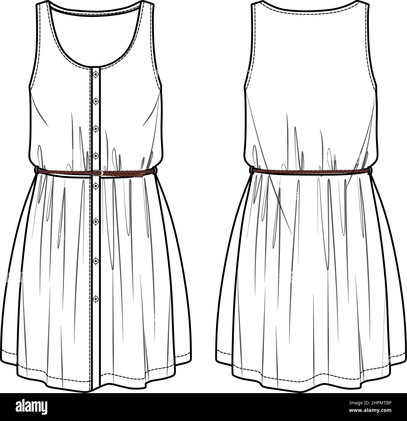 Vector woman summer round neck dress fashion CAD, sleeveless mini dress ...