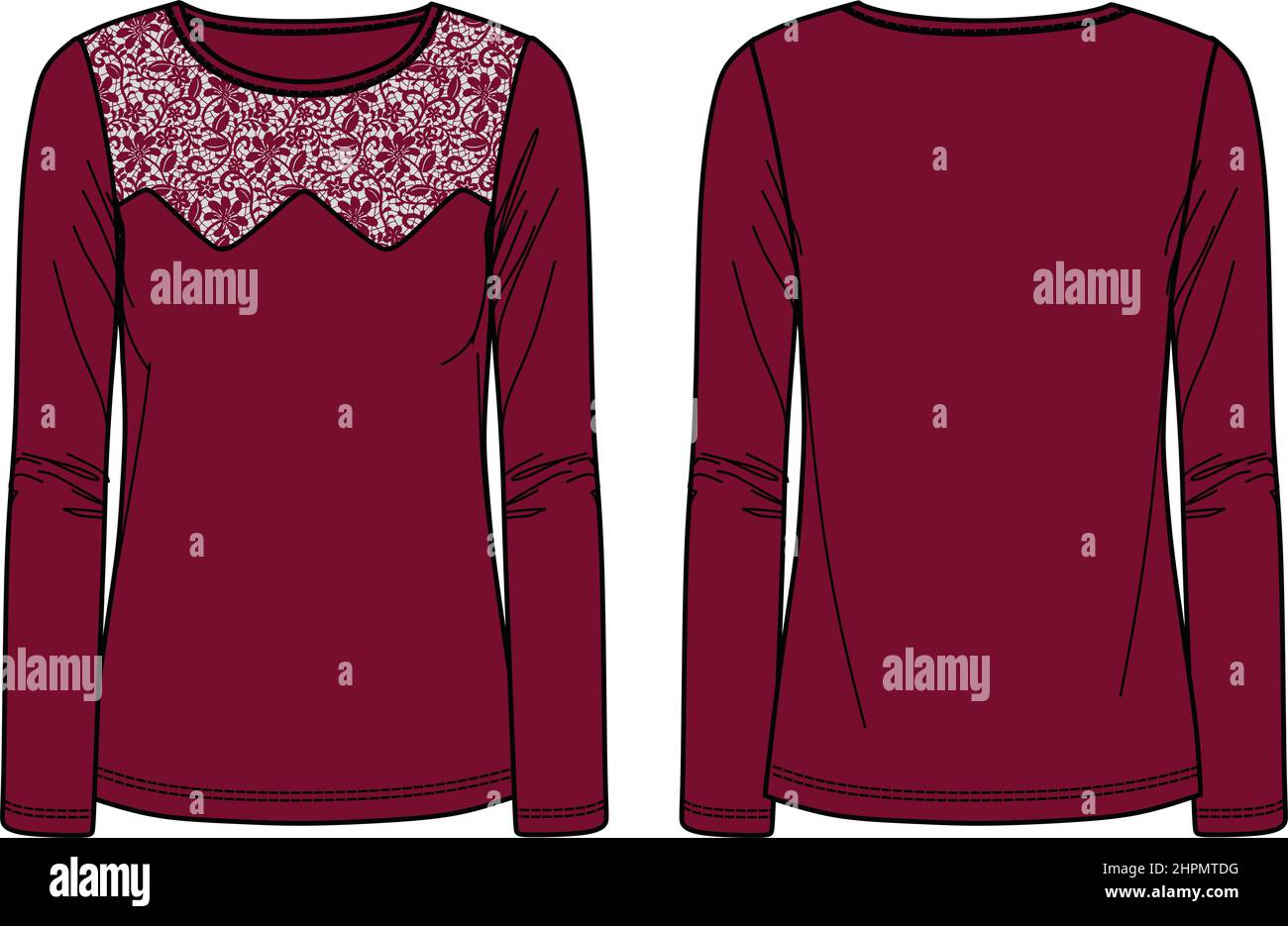 Vector long sleeved women t shirt technical drawing, round neck top ...