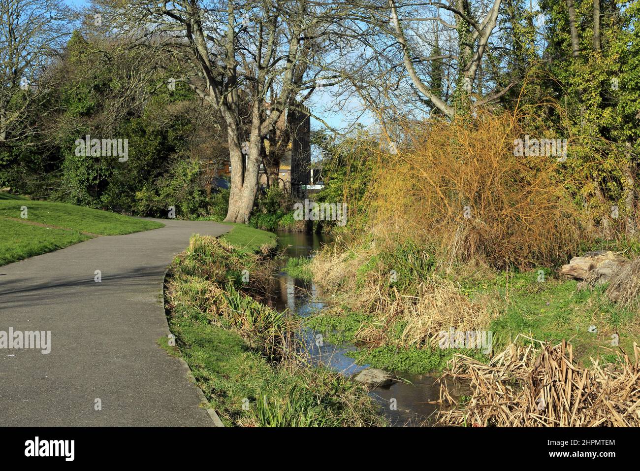 Footpath and River Dour flowing through Pencester Gardens, Dover, Kent ...