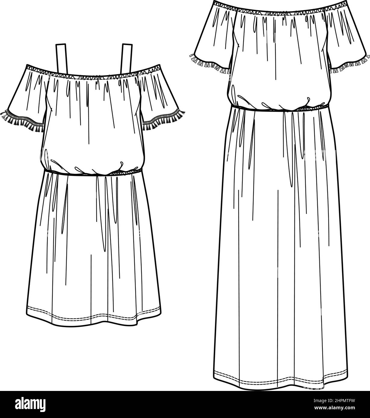 Vector off shoulder summer dress fashion CAD, woman maxi strapless ...