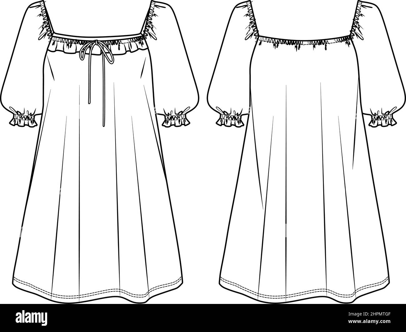 Vector short sleeve square neck mini dress technical drawing, woman ...