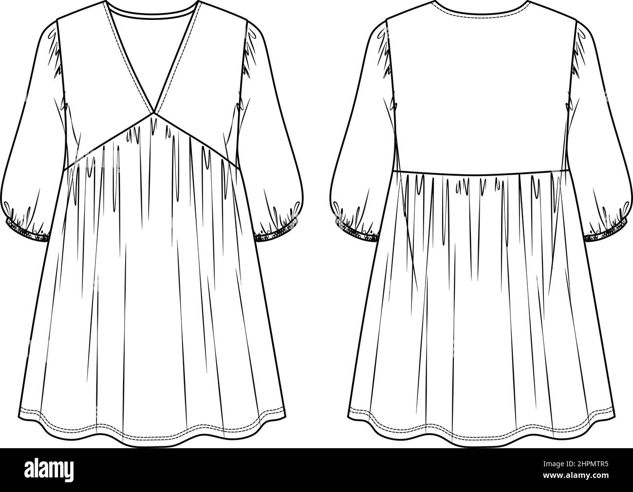 Vector long sleeve mini dress technical drawing, woman tired dress with ...