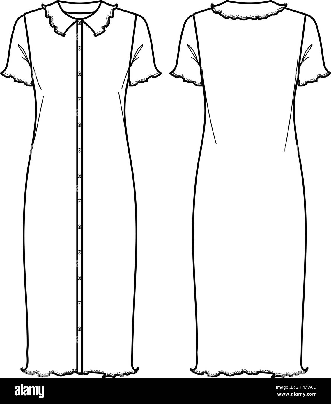 Vector woman summer midi dress fashion CAD, polo neck and short sleeved ...