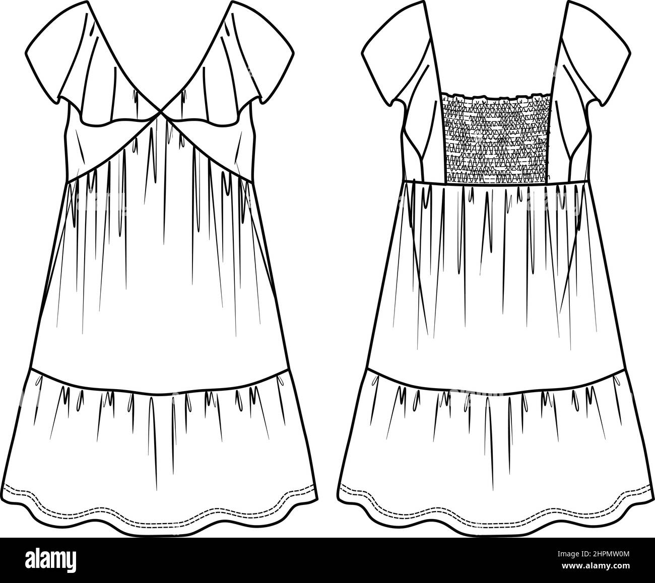Vector sleeveless V-neck mini dress technical drawing, woman dress with ...