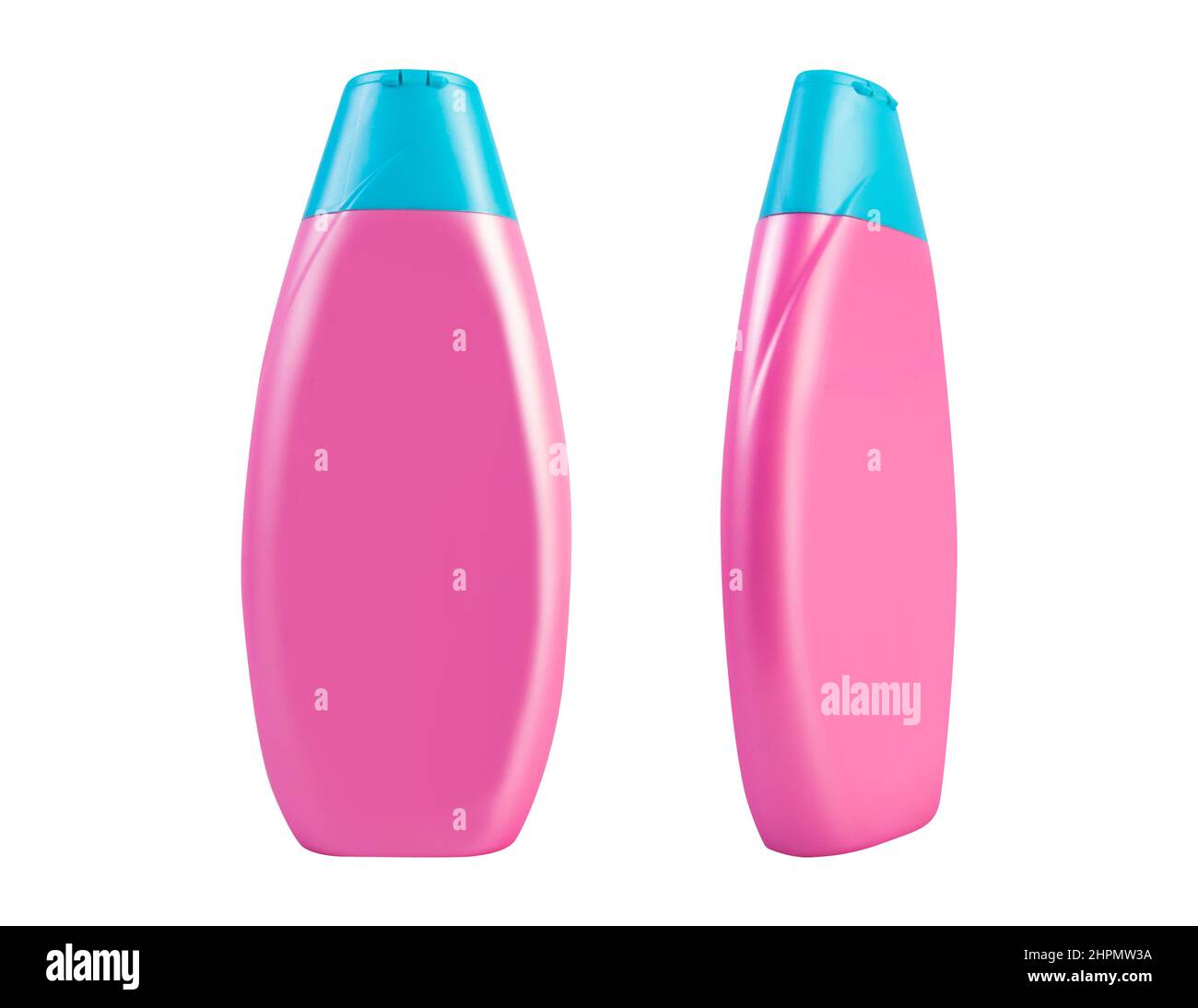 Isolated photo of blank pink colored shampoo bottle with blue lid on ...
