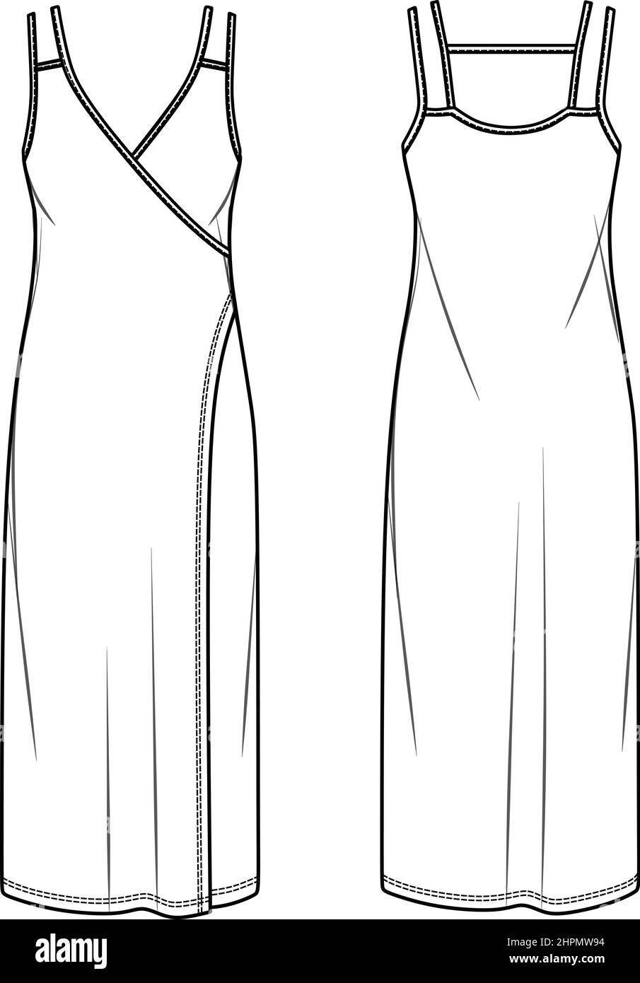 Vector midi dress with shoulder straps technical drawing, long summer ...