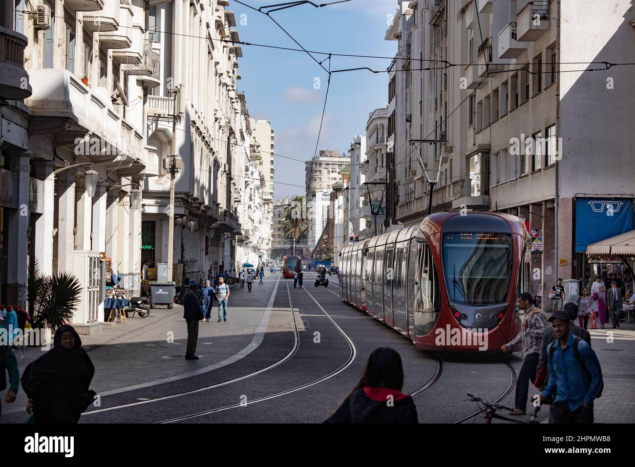 A passenger tramway runs through central Casablanca, Morocco, North ...
