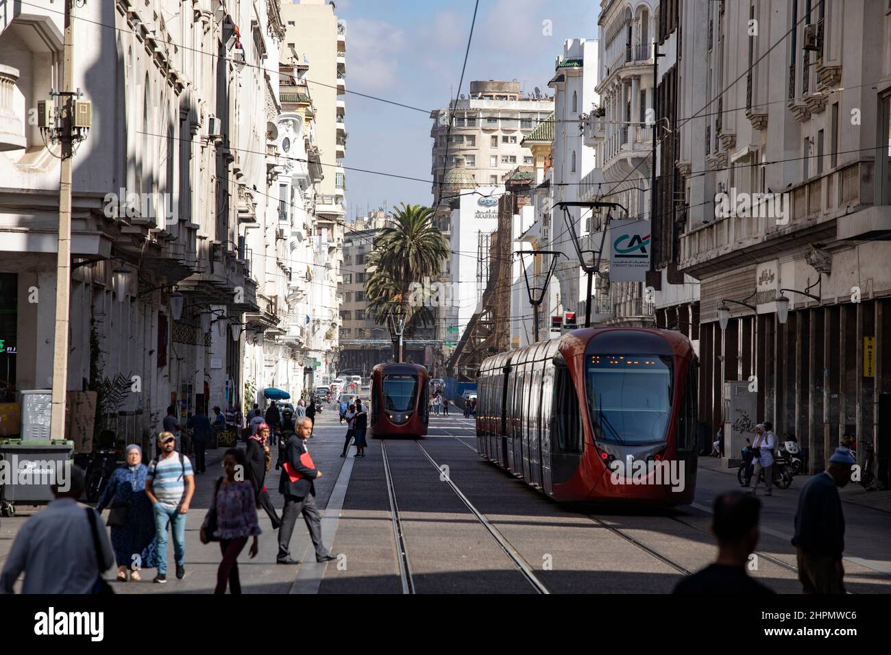 A passenger tramway runs through central Casablanca, Morocco, North ...