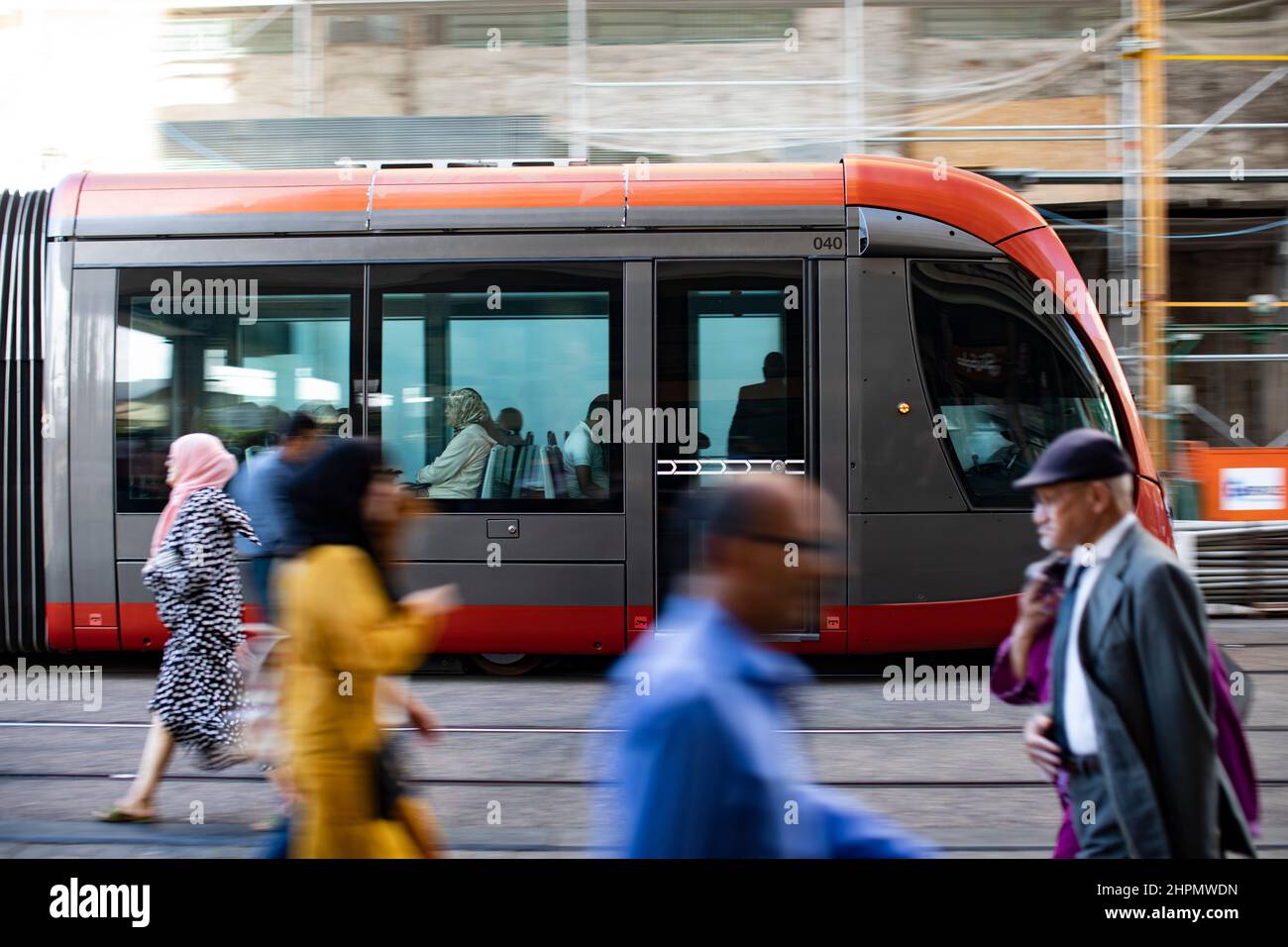 A passenger tramway runs through central Casablanca, Morocco, North ...