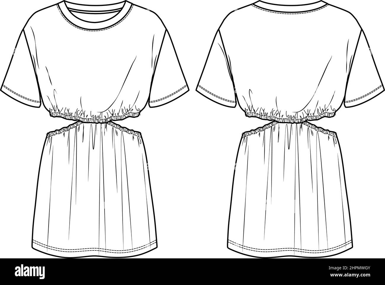 Vector round neck short sleeved dress fashion CAD, relaxed fit mini ...