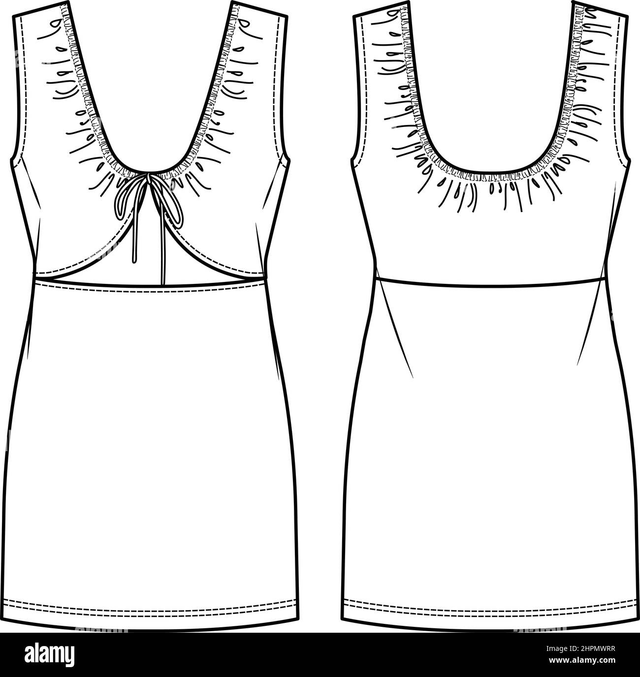 Vector mini dress technical drawing, short summer dress with smocking ...