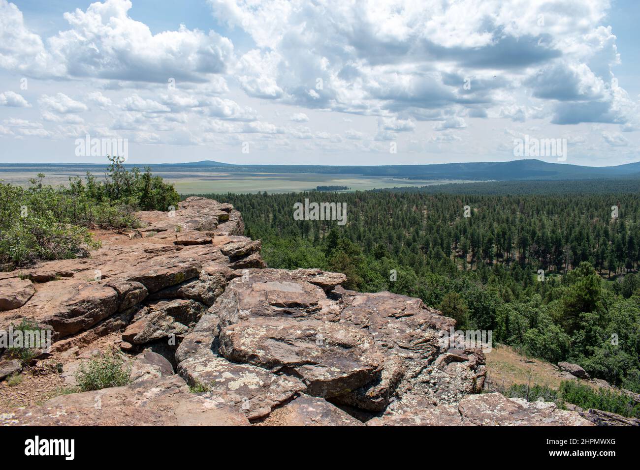 Big view from a rock ledge overlooking a forest and dry lakebed on a ...