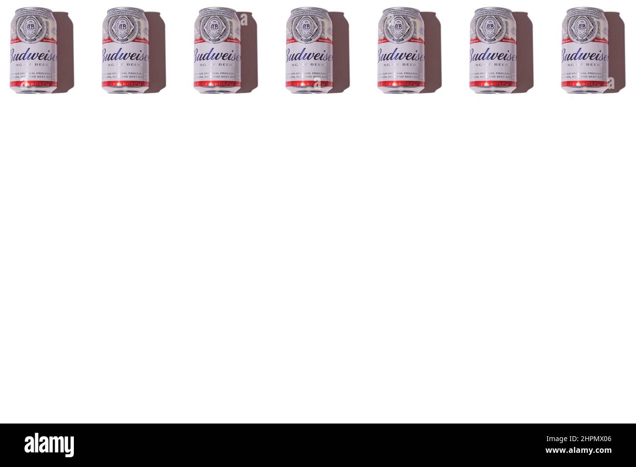 Budweiser american beer cans pattern with hard shadow, on top, on white ...