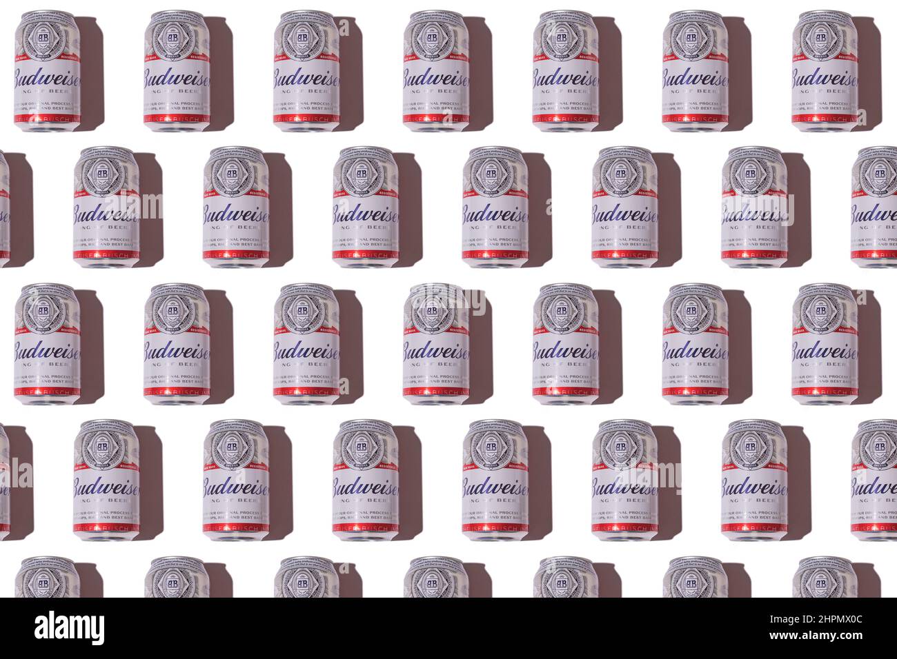 Budweiser american beer cans pattern with hard shadow on white ...