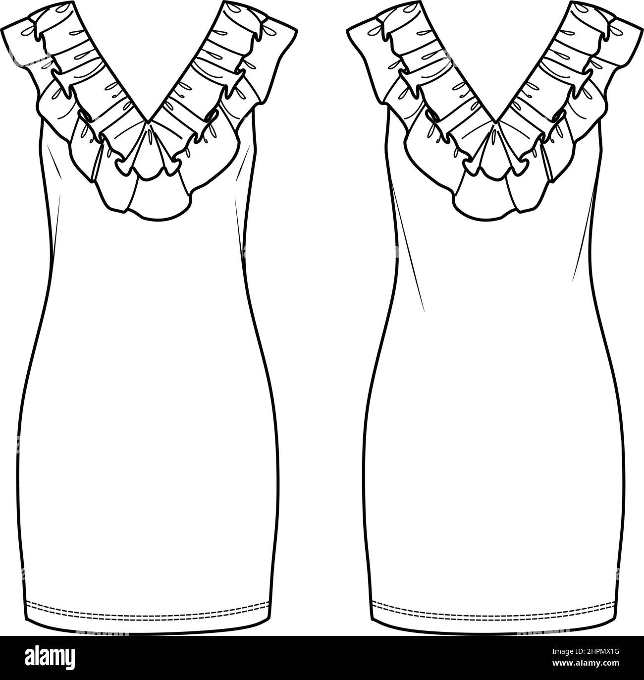 Vector woman summer dress fashion CAD, sleeveless dress with frills ...