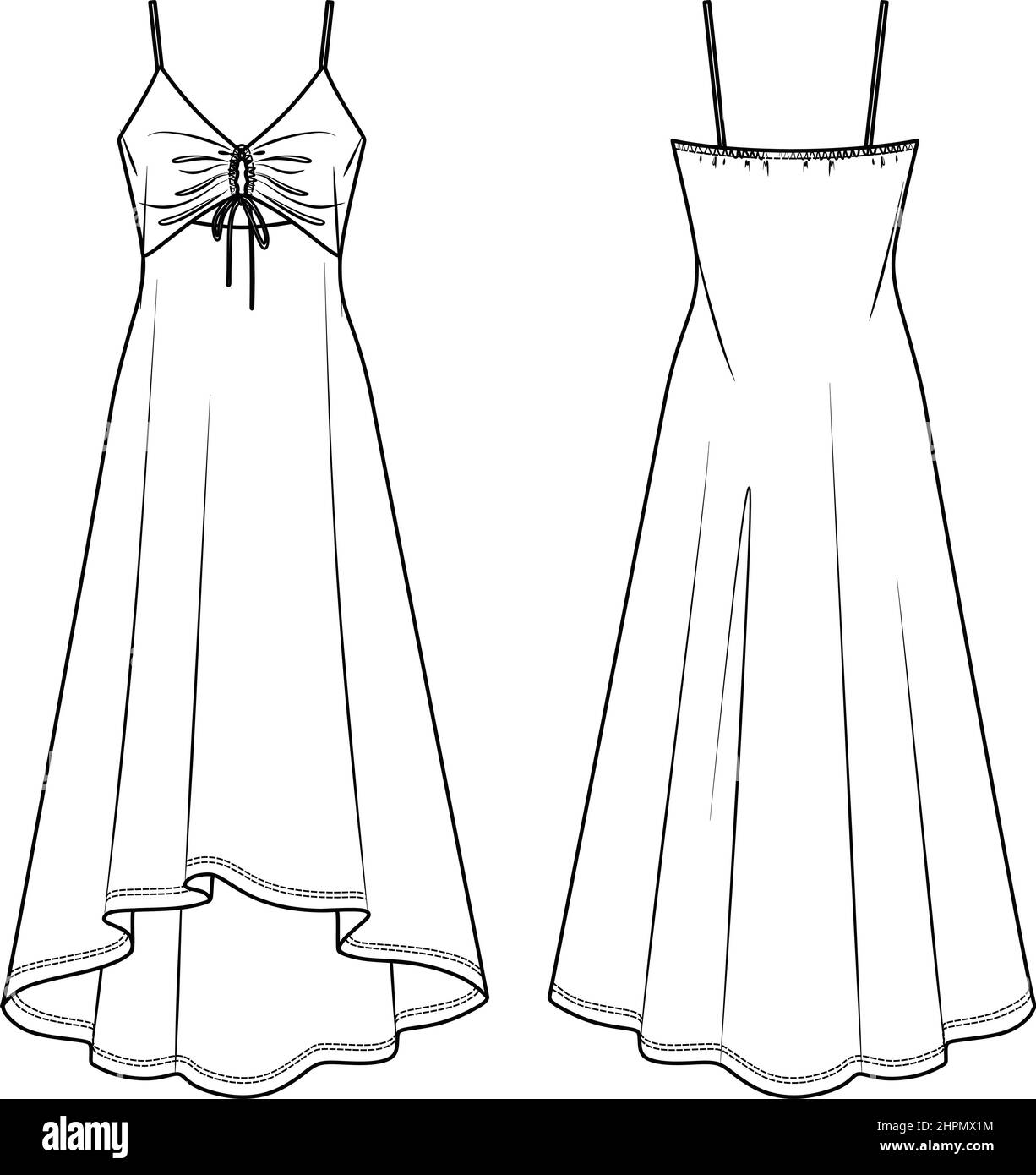 Vector maxi dress technical drawing, woman dress with gathering in ...