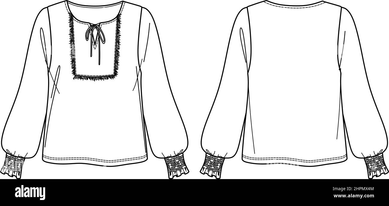 Vector long sleeved blouse technical drawing, round neck woman top ...