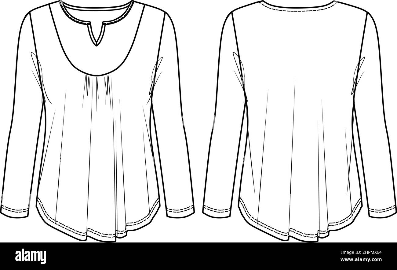 Vector fashion CAD t-shirt, women long sleeved blouse sketch, women ...