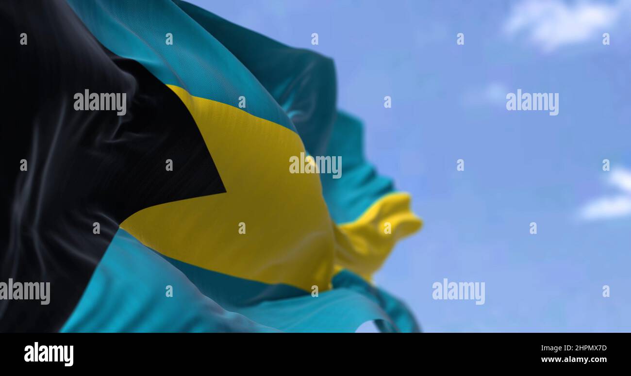 Detail of the national flag of the Bahamas waving in the wind on a ...