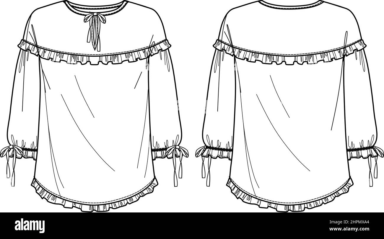 Vector woman blouse fashion CAD, long sleeved top with frills detail ...
