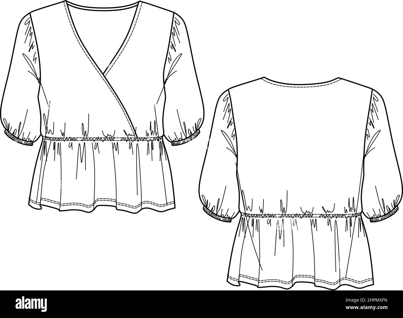 Vector wrap balloon sleeved blouse fashion CAD, elastisized waist woman ...