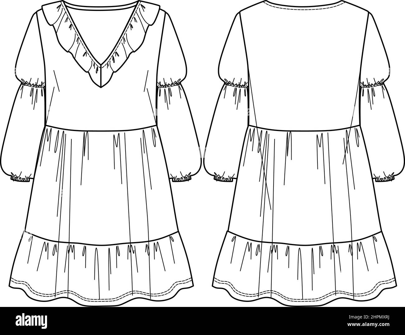 Dress with sleeves, dress CAD, dress style, apparel sketch, clothes for ...