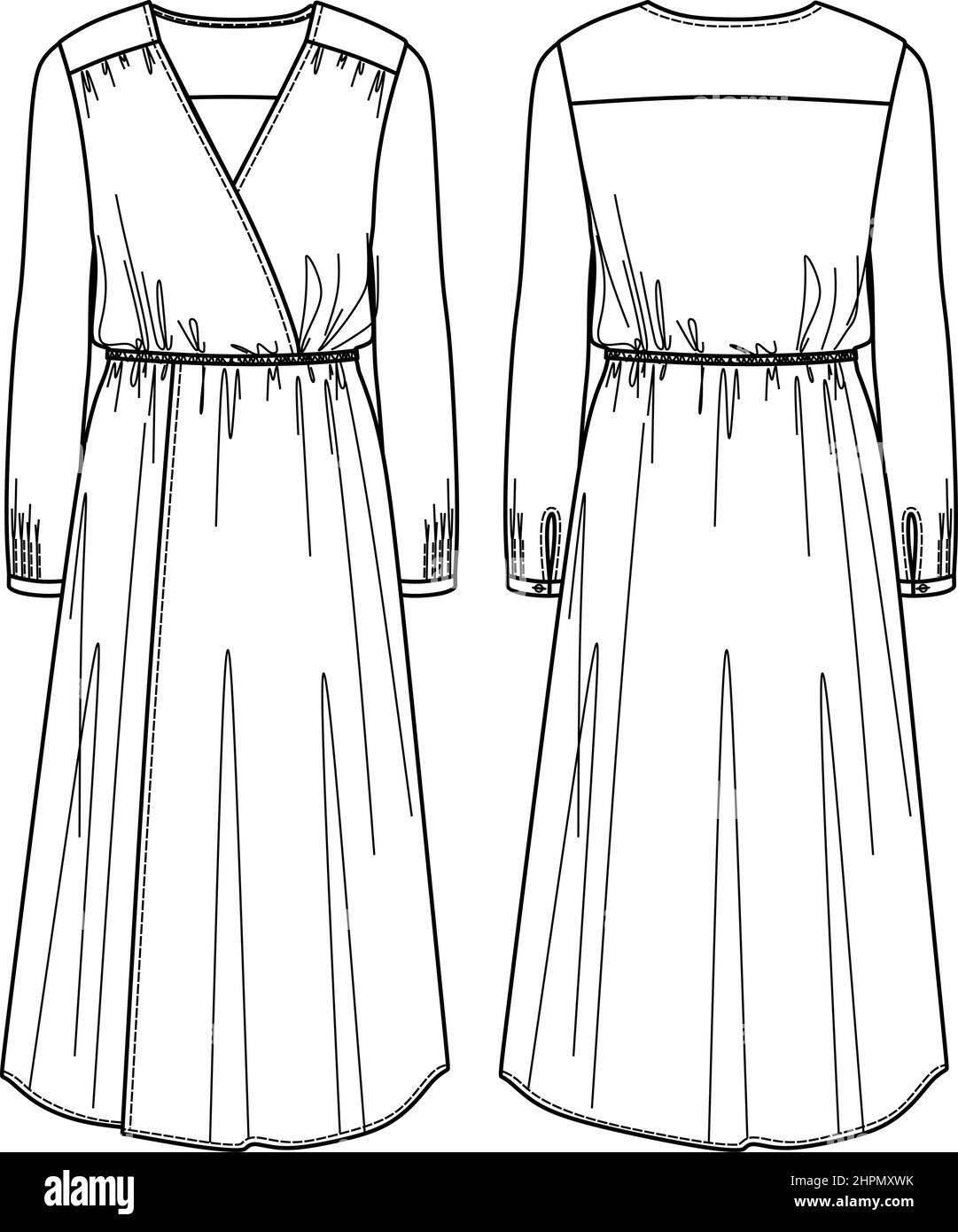 Vector wrap long sleeved maxi dress fashion CAD, woman v-neck long ...