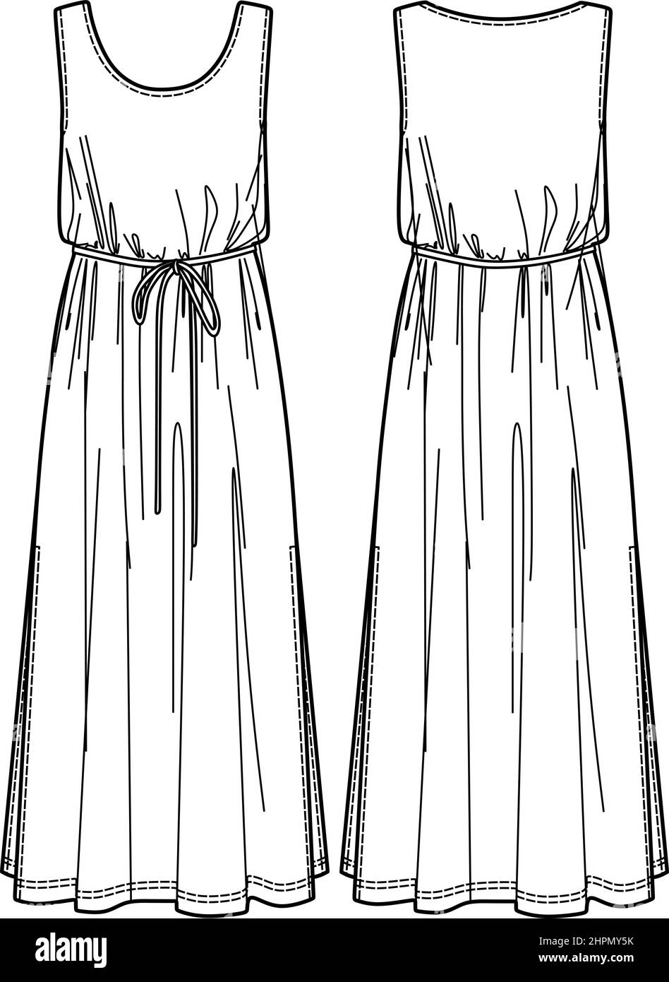 Vector maxi dress with side slits technical drawing, long summer dress ...