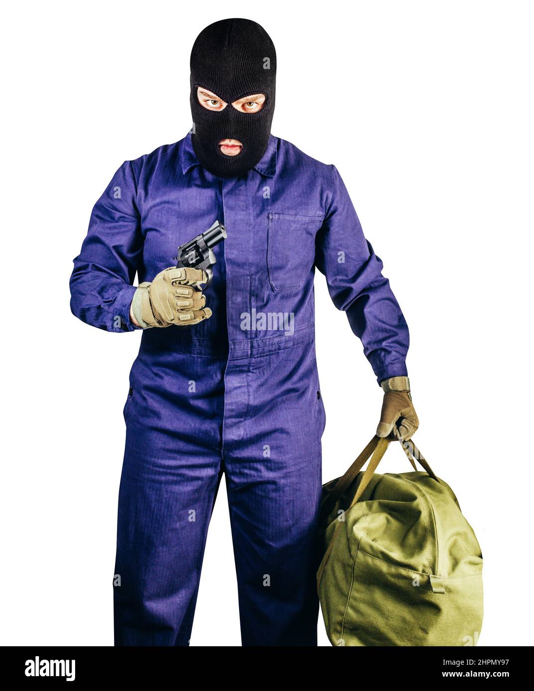 Isolated photo of robber in mask, overalls, gloves, bag and gun ...