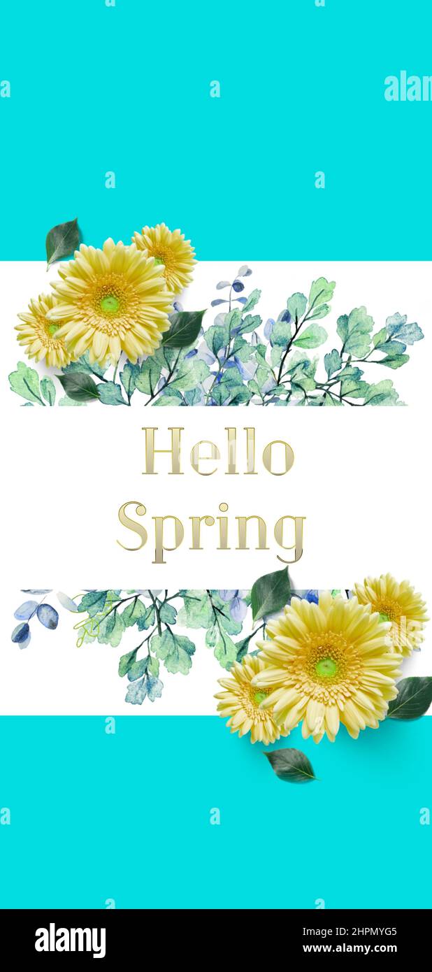Hello spring background with flowers and butterflies Stock Photo - Alamy