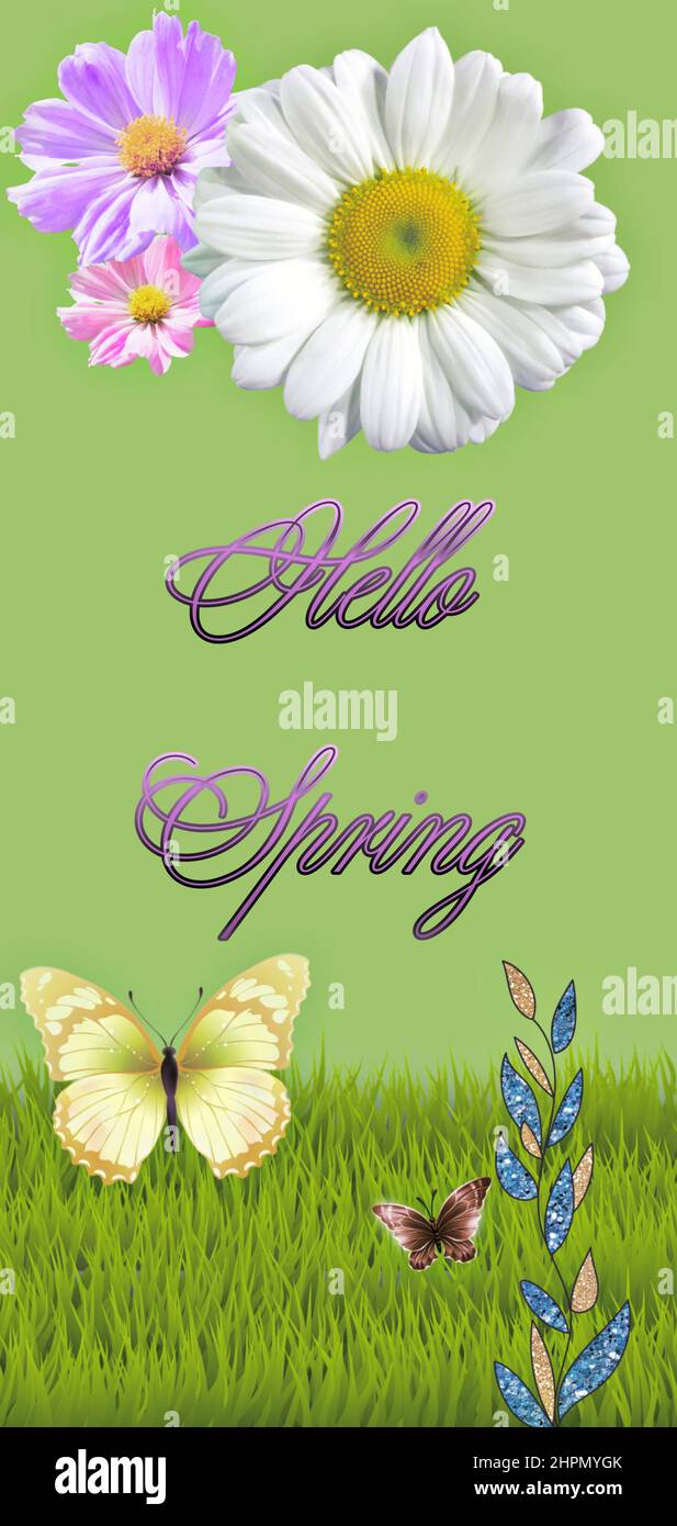 Hello spring background with flowers and butterflies Stock Photo - Alamy