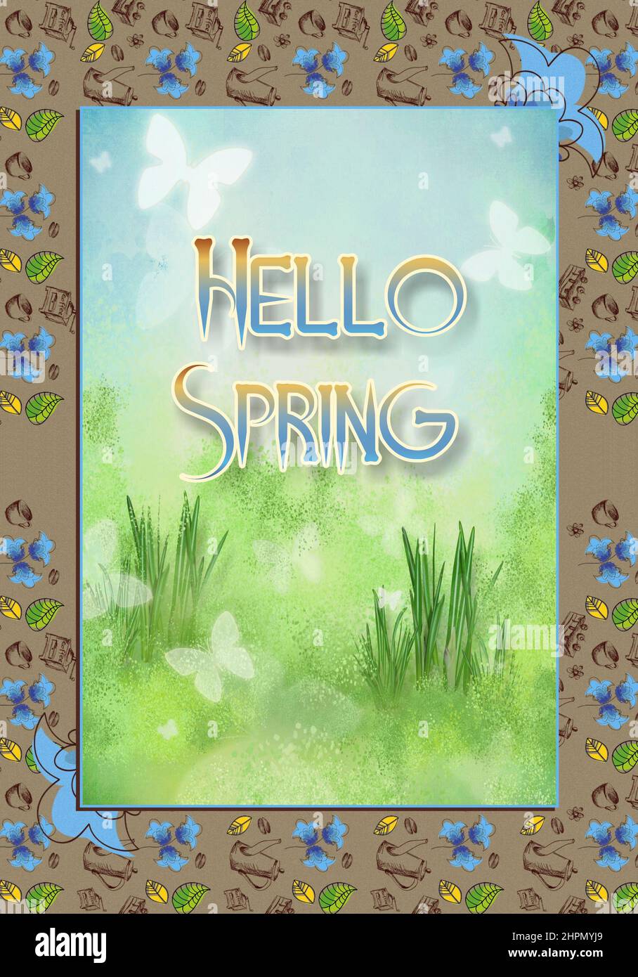 Hello spring background with flowers and butterflies Stock Photo - Alamy
