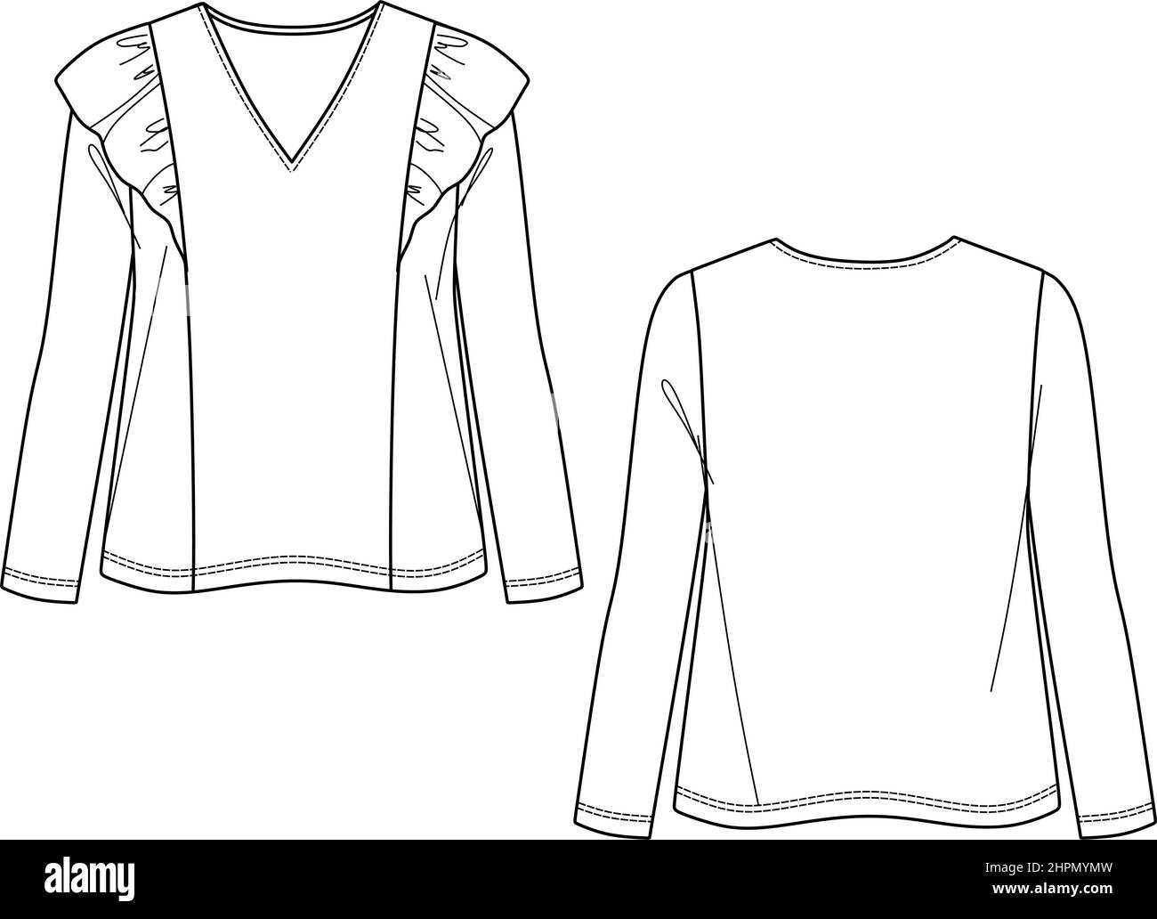 Vector long sleeved blouse technical drawing, T-Shirt with frill detail ...