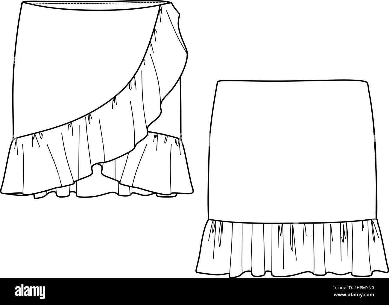 skirt CAD, mini skirt technical drawing, midi skirt sketch for woman ...