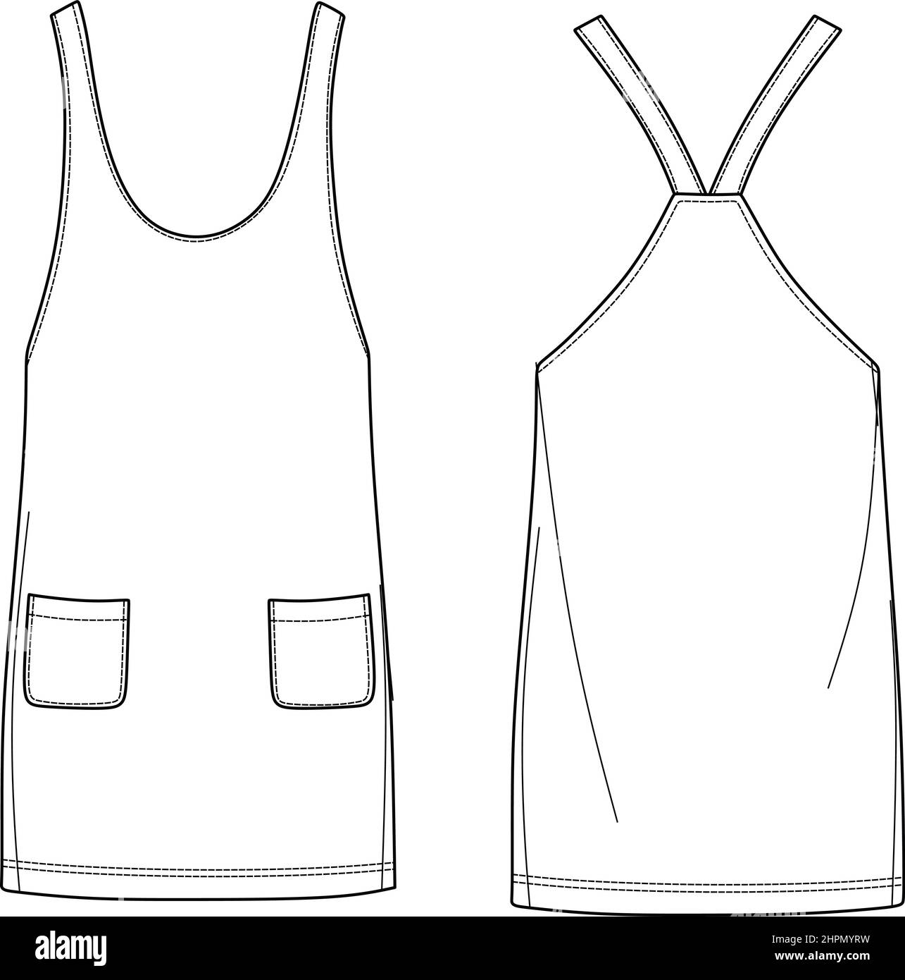 Vector dungaree dress fashion CAD, woman mini dress technical drawing ...