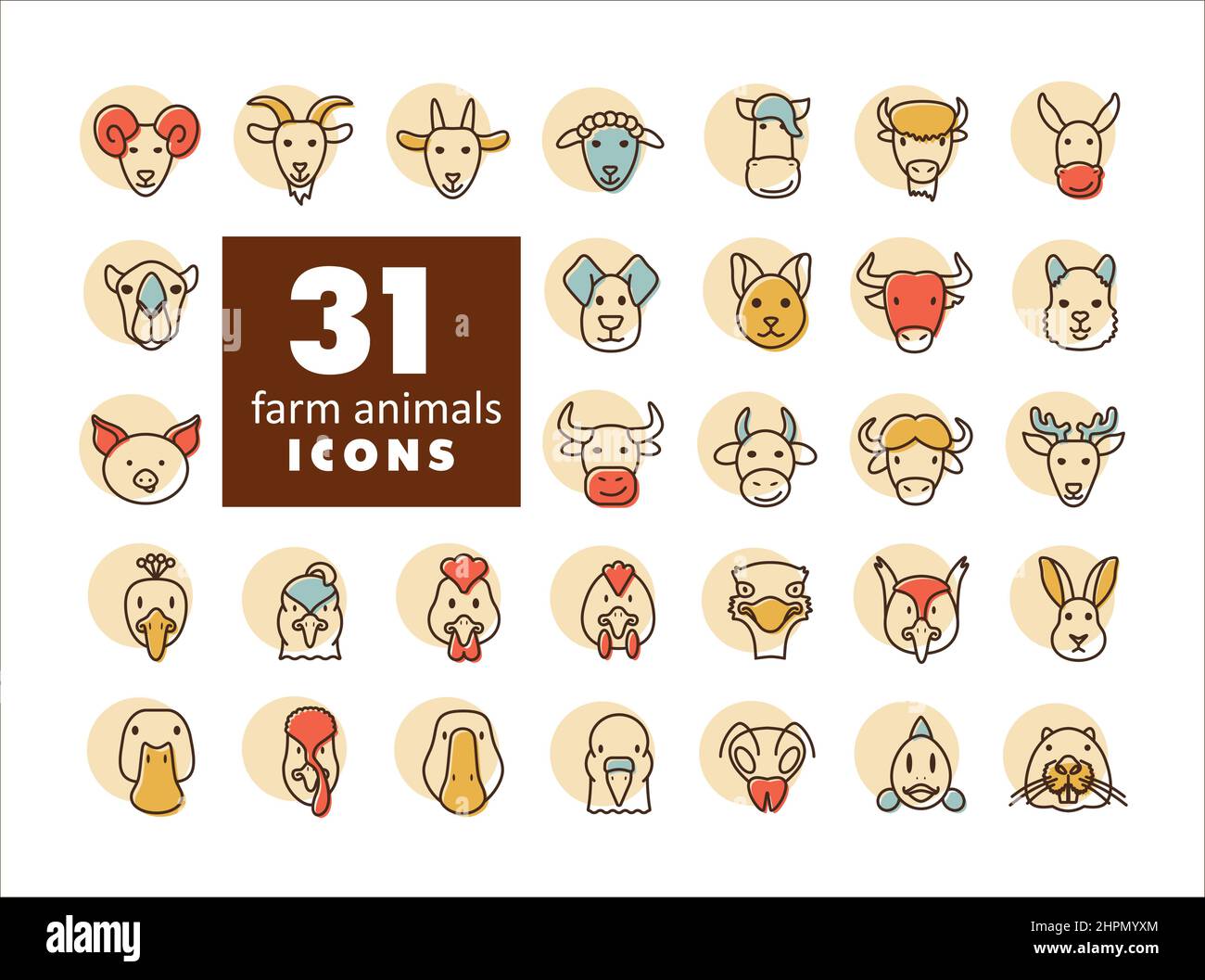 Farm animals icons set. Vector head illustration. Agriculture sign ...