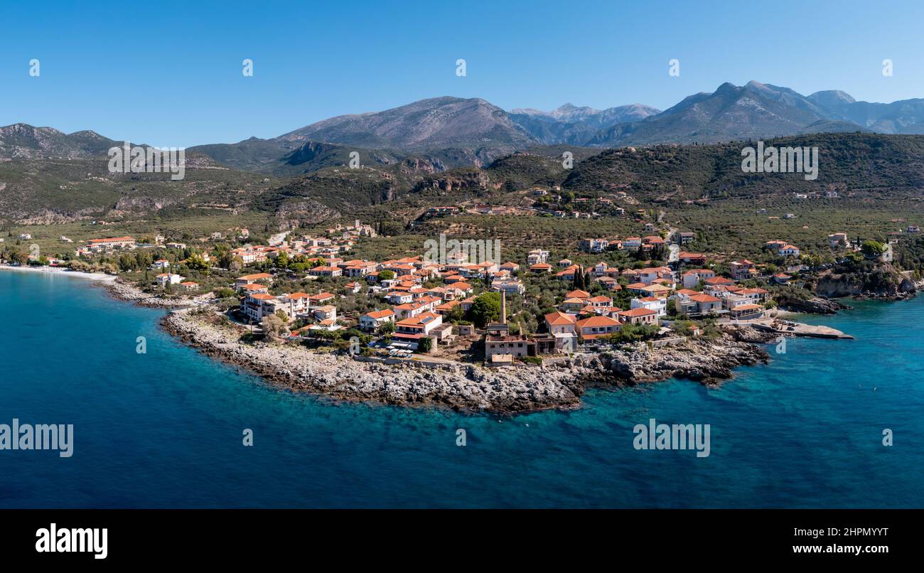 Greece, Mani. Kardamili town, aerial drone view. Kardamyli traditional ...