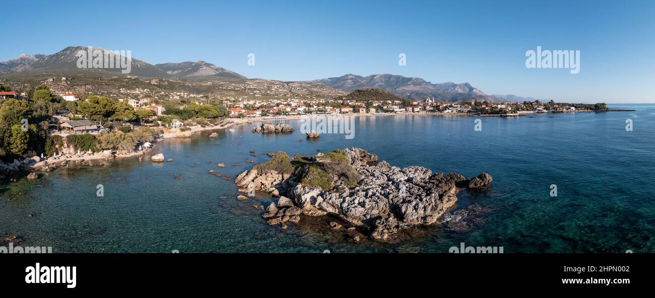 Greece Peloponnese. Stoupa traditional seaside village and sandy beach ...