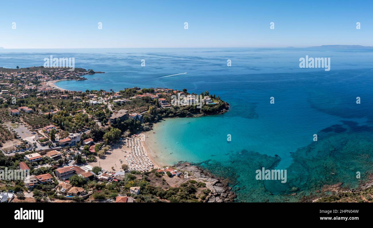 Greece Peloponnese. Stoupa traditional seaside village and sandy beach ...