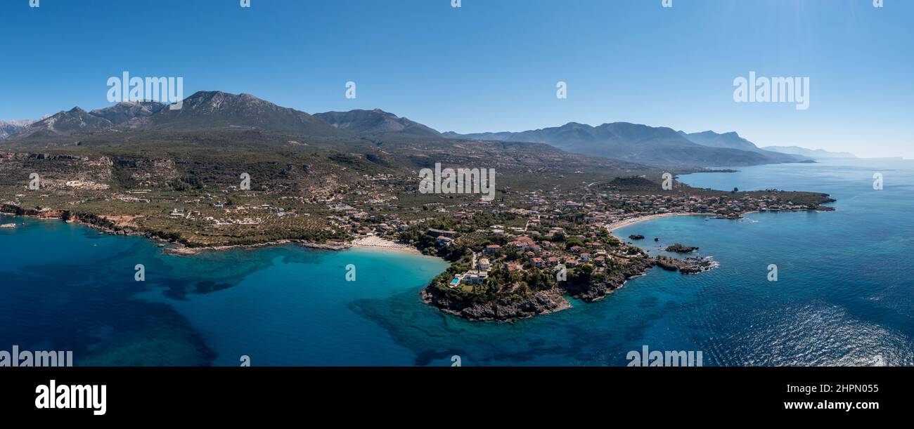 Greece Peloponnese. Stoupa traditional seaside village and sandy beach ...